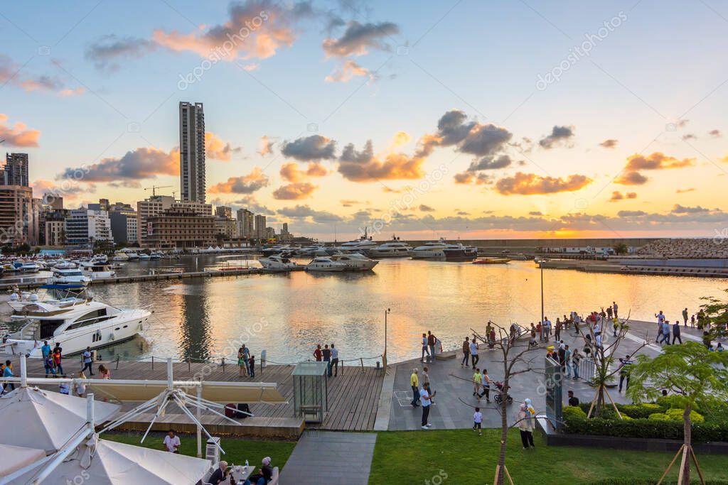 Saint George Bay also known as Zaitunay Bay at sunset, Beirut, Lebanon 2022