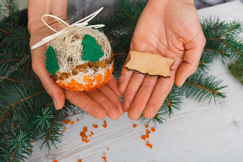 Creative diy hobby. Handmade craft christmas decoration ball with tree ...