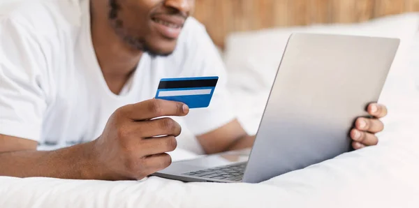 Happy Customer Shopping Online Using Credit Card And Laptop Indoor ...