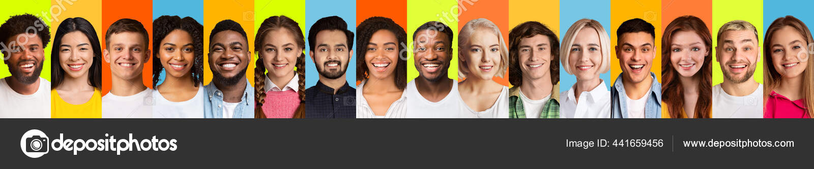 Row Of Multiracial People Faces Posing Smiling Over Colored Backgrounds ...
