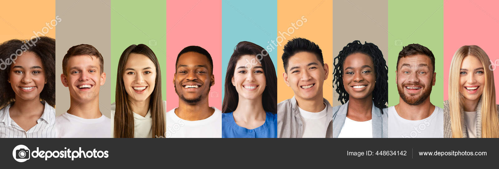 Set of multicultural people portraits over pastel color studio ...