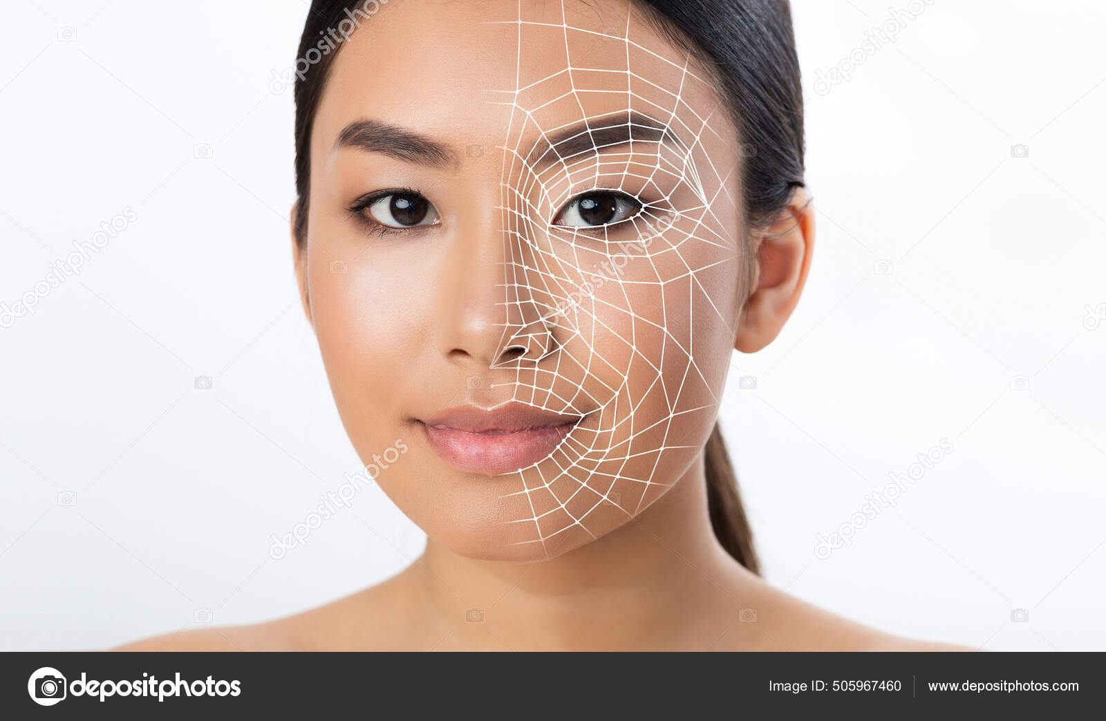 Asian lady getting face scanning on white background, closeup, collage ...