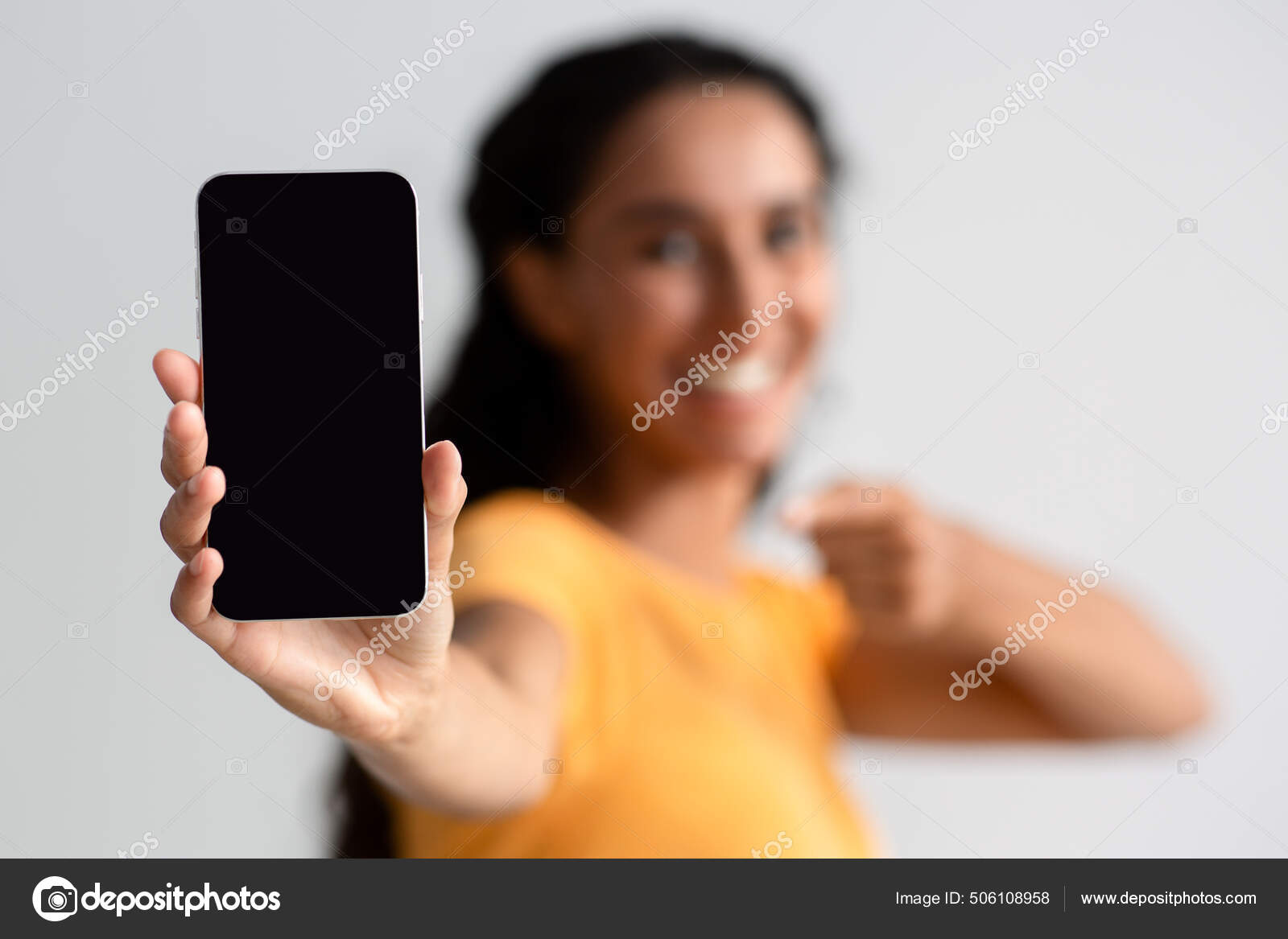 Mobile App Ad. Brunette Lady Pointing At Smartphone With Black Screen ...