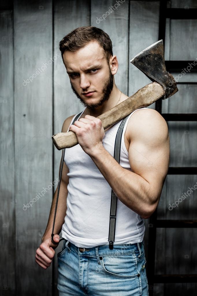 Man lumberjack with ax — Stock Photo © smmartynenko #103096130