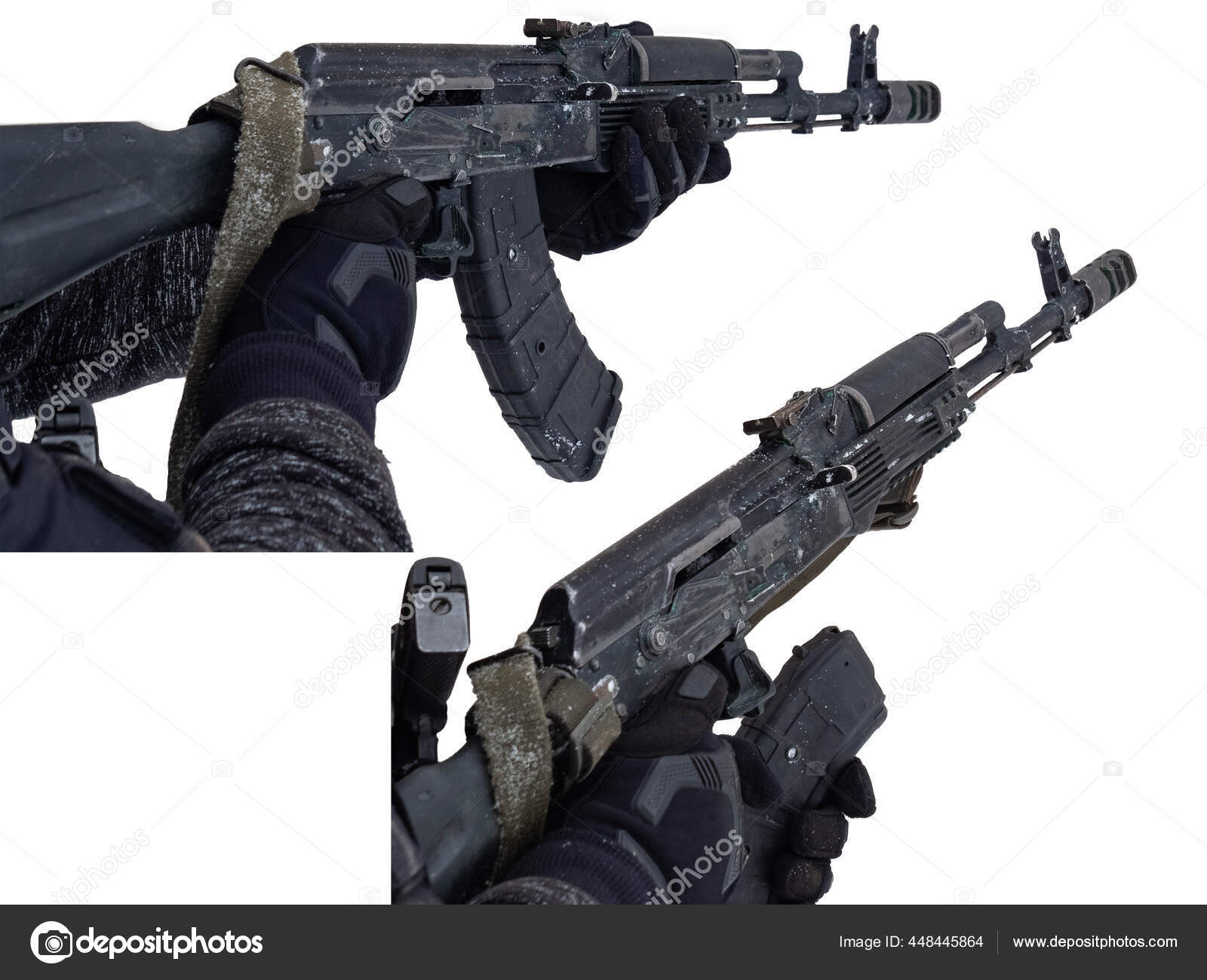 Male Commando Tactical Gloves Holds Automatic Rifle His Hands Reloads ...