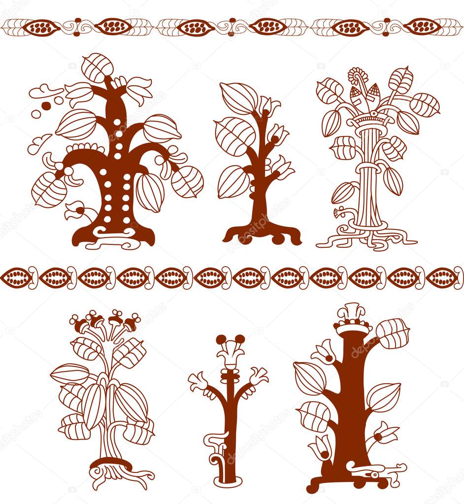 Aztec cacao bean, leaves, nibs trees set with decorate borders o ...