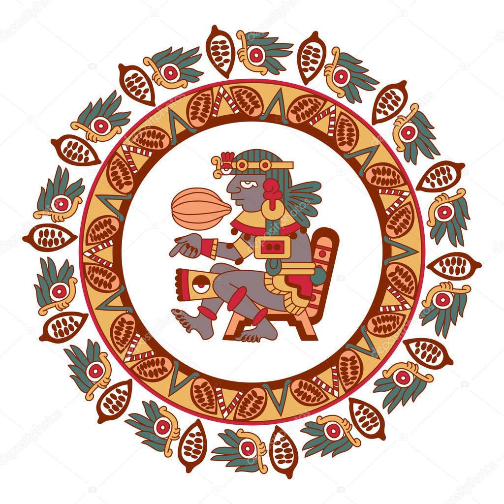 árbol de cacao patrón de círculo azteca, mayas, granos de cacao y ...