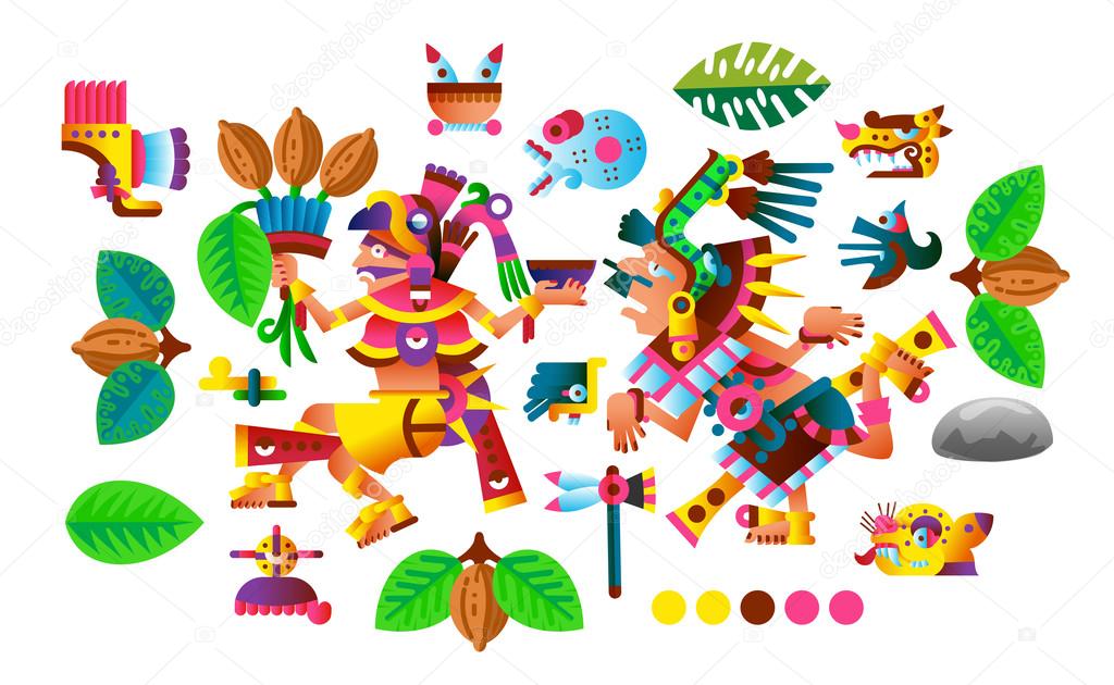 Flat style aztec element collection with cacao bean, leaves, sto Stock ...