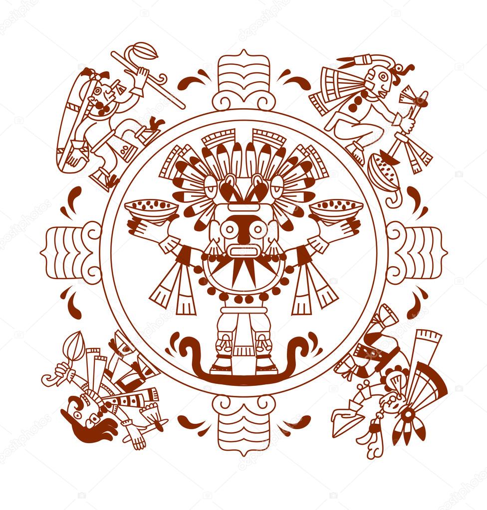 Aztec pattern, cacao nibs, cacao leaves, indians in brown color — Stock ...