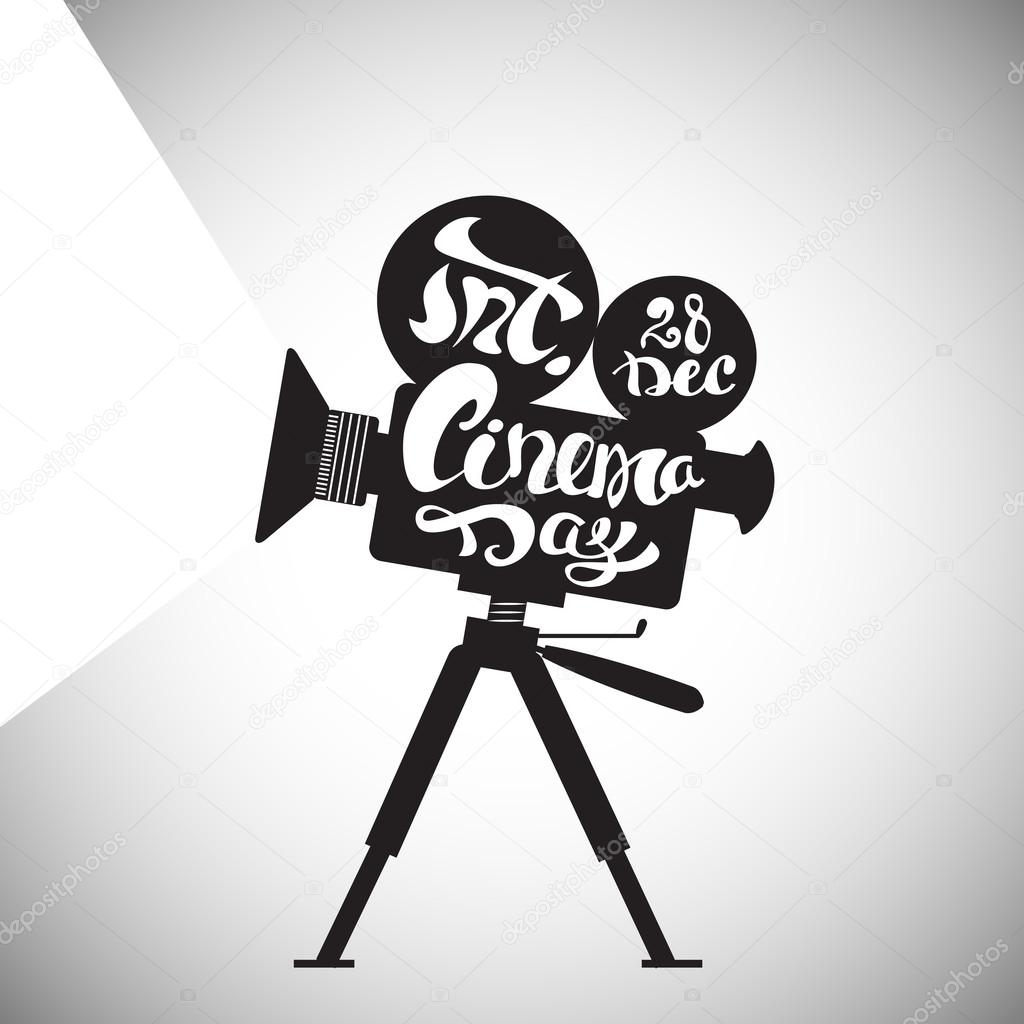 Silhouette cinema camera standing on two legs with calligraphy t ...