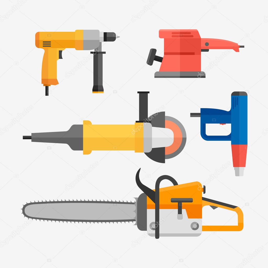 Set of power electric tools isolated on white background. Flat style ...