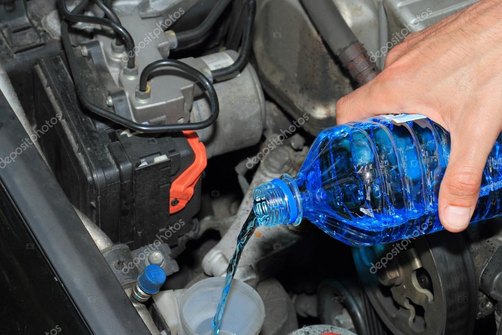Winter Antifreeze Windshield. Pouring windshield liquid into the car ...