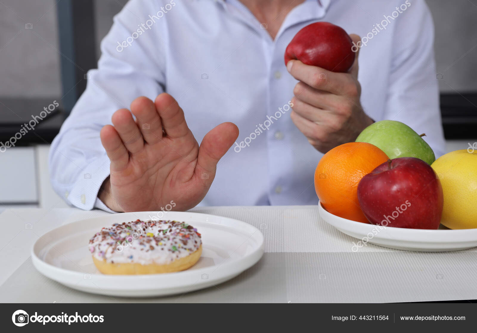 Man Refuses Eat Junk Food Sweets Choose Fruits Dessert Healthy Stock ...