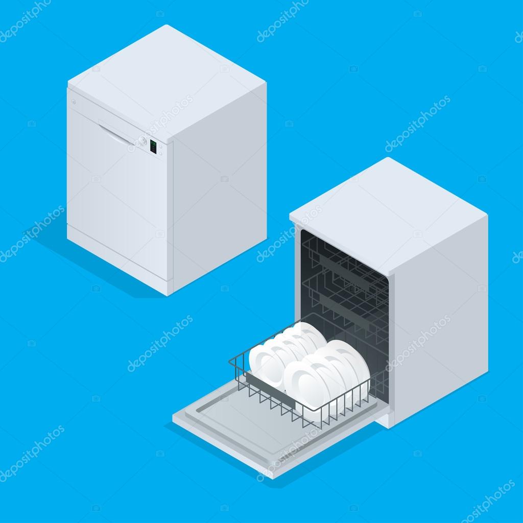 Diskmaskin full av redskap isolerade mot vit bakgrund. 3D Isometrisk ...