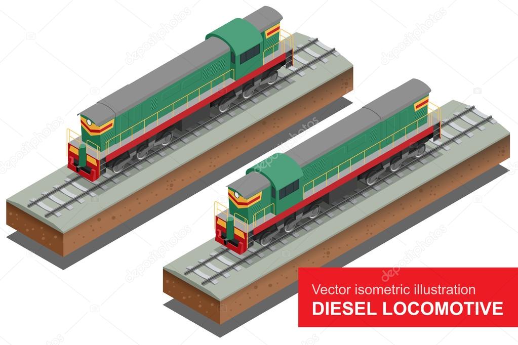 Ilustración isométrica vectorial de la locomotora diesel. Tren locomotora transporte ferroviario ...