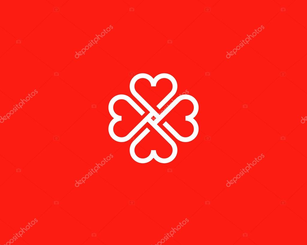 Cuatro corazones vector social símbolo. Corazón cruzado logotipo. Línea ...