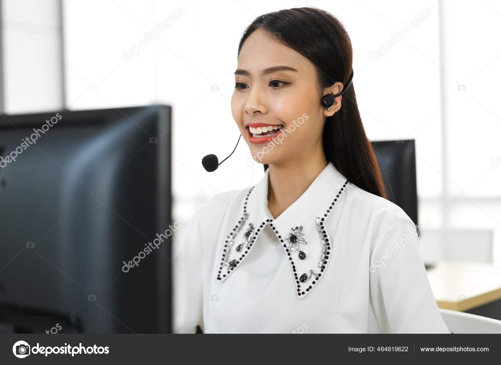 Beautiful Happy Call Center Smiling Asian Businesswoman Operator ...