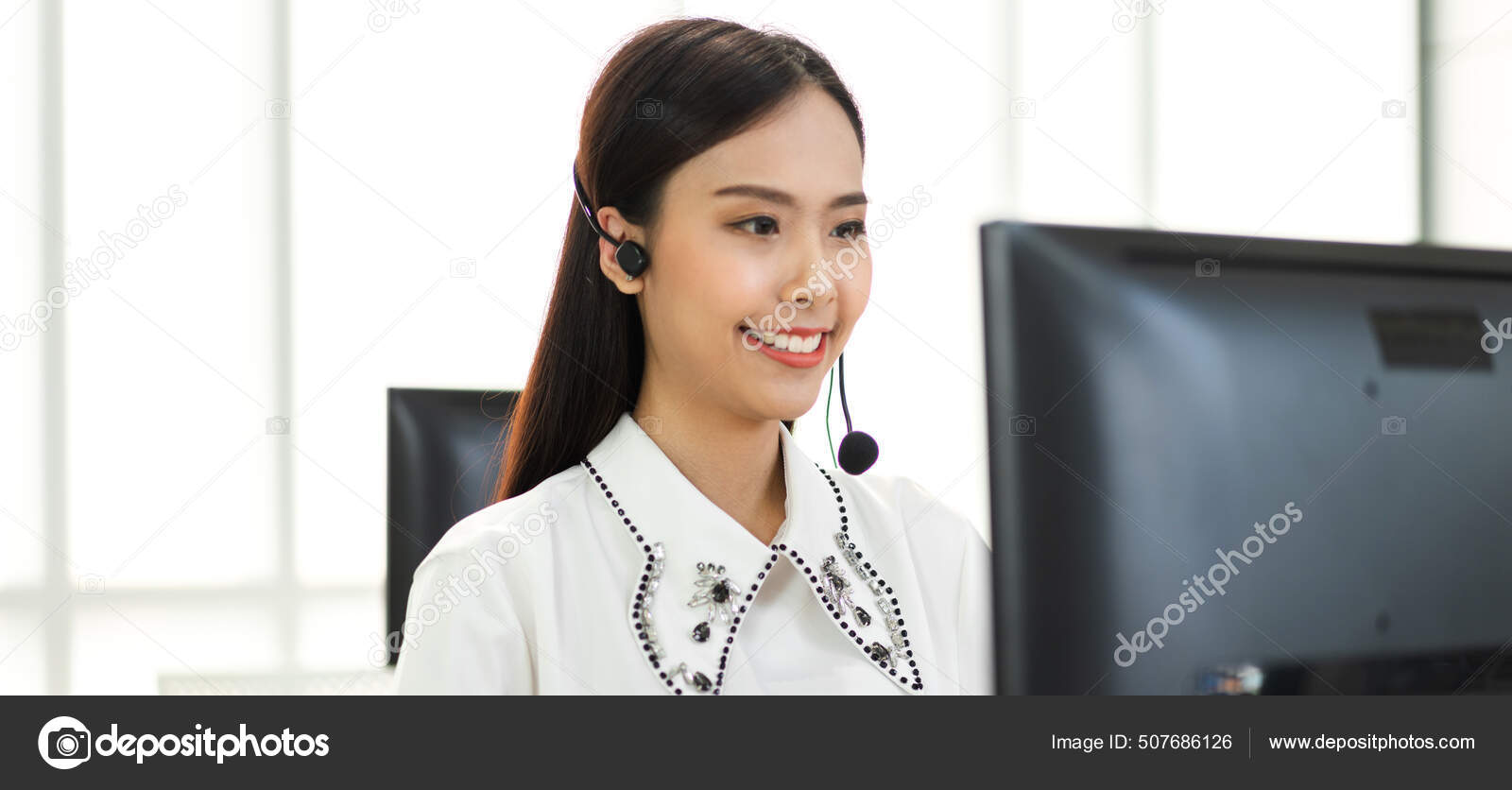 Beautiful Happy Call Center Smiling Asian Businesswoman Operator ...