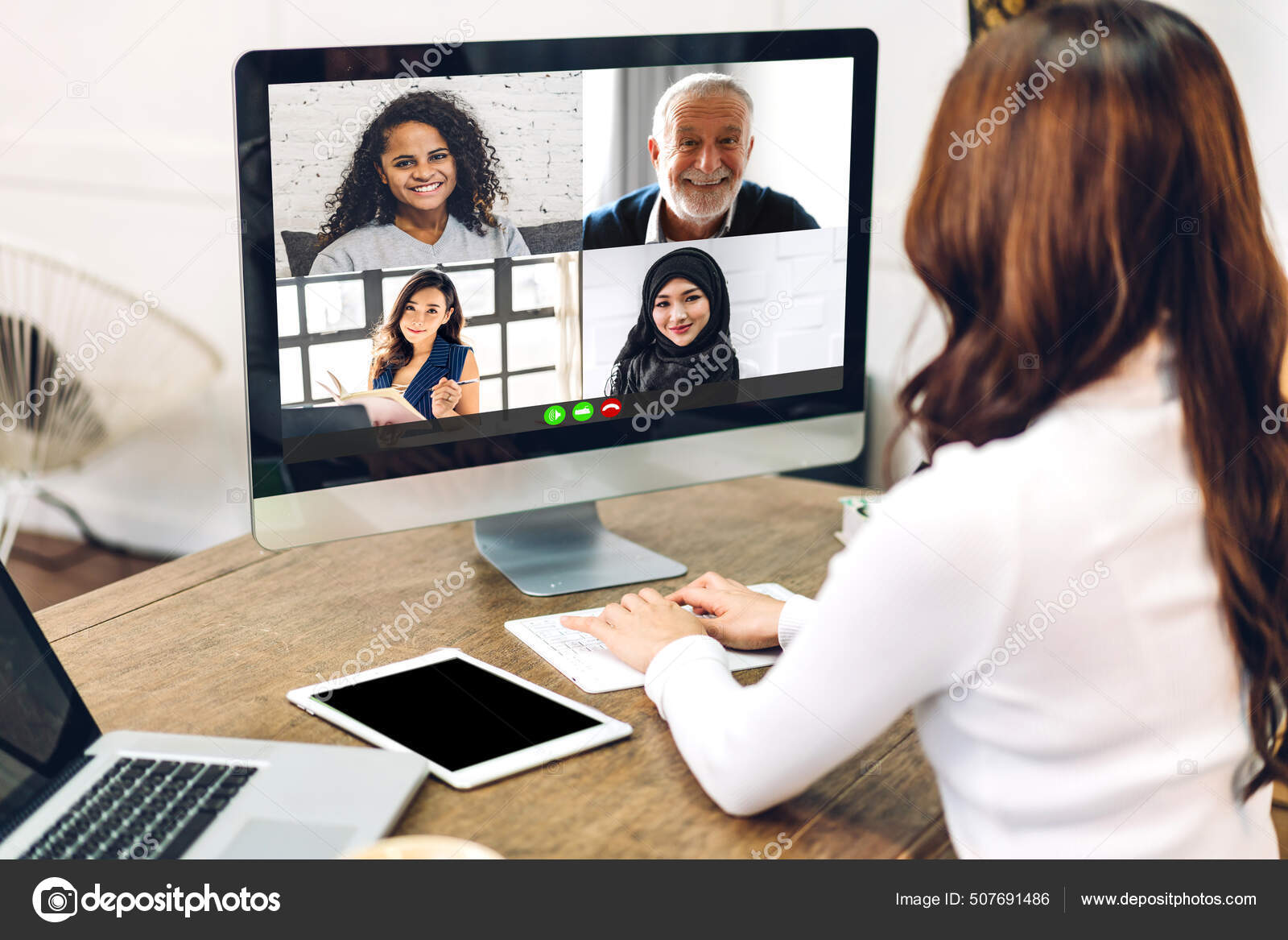 Woman Talk Speak Using Laptop Computer Working Video Conference Online ...