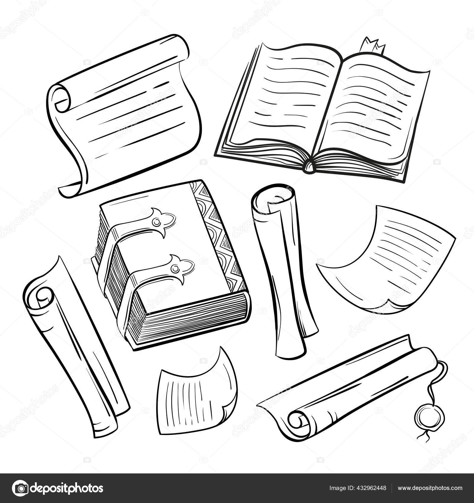 Set Vintage Paper Books Scrolls Illustration Style Sketch Vector ...