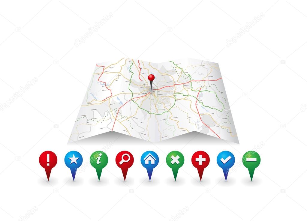 Vector map of the world and map navigation icons and pin on white ...