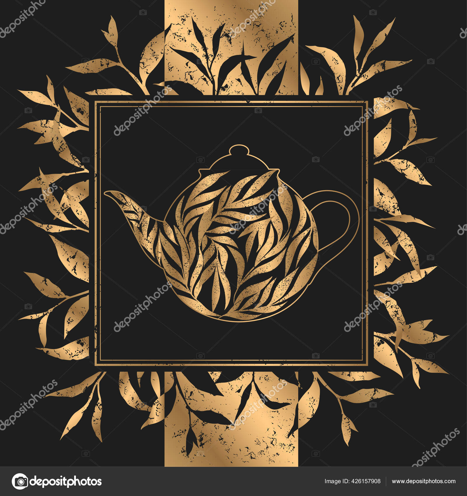 Tea Hand Drawn Logo Black Teapot Gold Leaves Branches Isolated — Stock ...