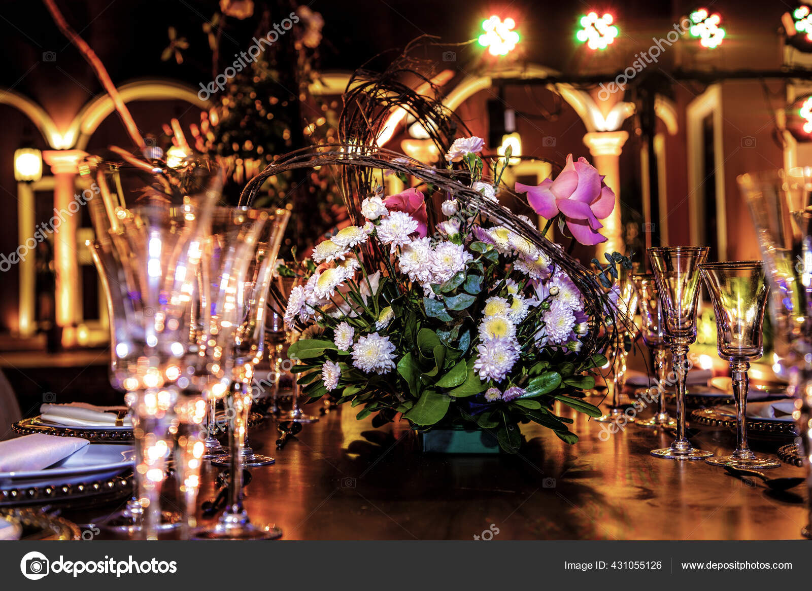 Wooden Table Mounted Plates Fine Glasses Reseption Adorned Flowers ...