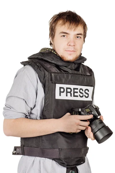 Press photographer wears a protective vest and takes photos with ⬇ ...