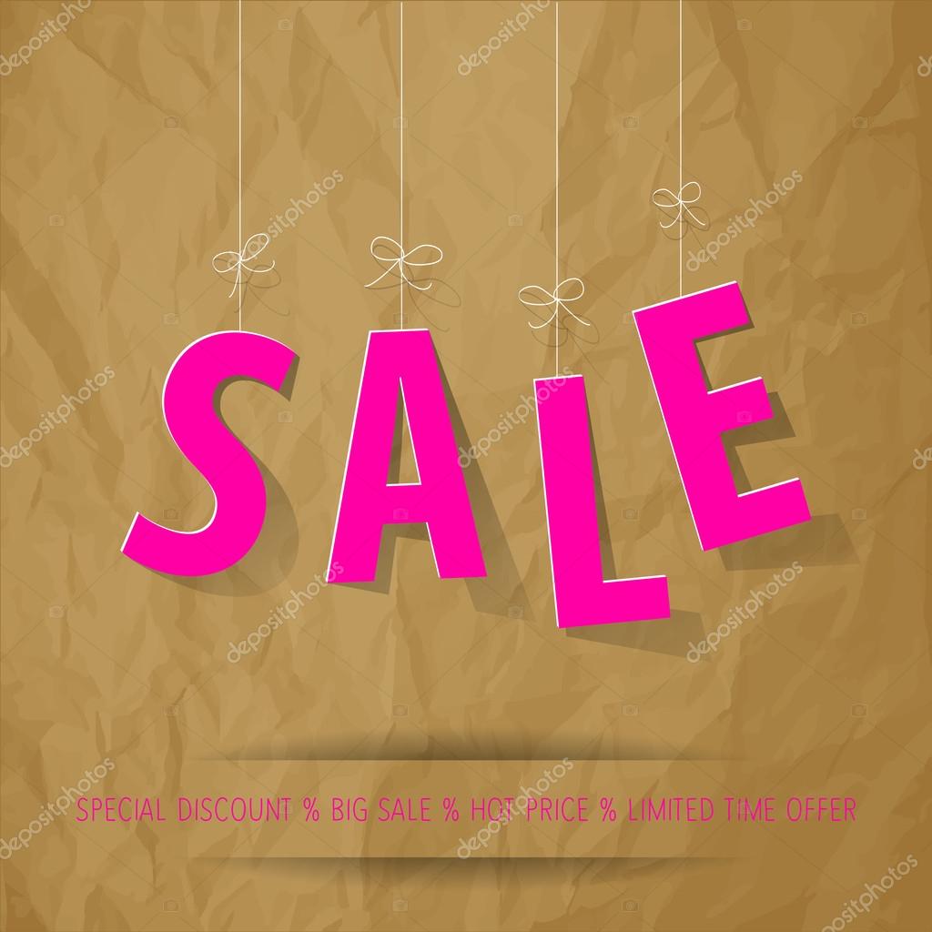 SALE paper letters neon pink on a crumpled paper brown background ...