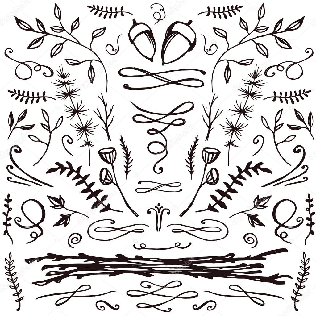 Hand-drawn set of florals and flourishes — Stock Vector ...