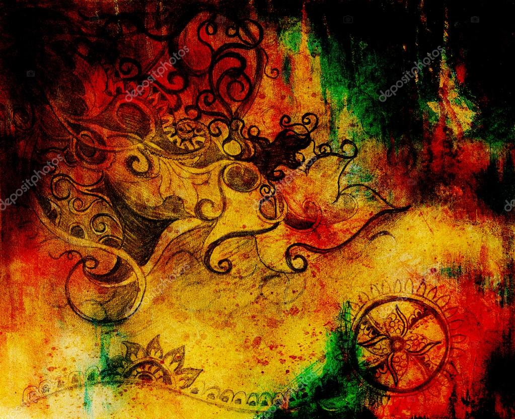 Beautiful Ornament, pencil drawing on old paper. And color spots on ...