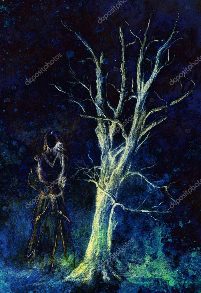 Goddess woman at the tree and color abstract background. computer ...