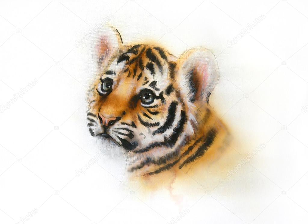Adorable baby tiger head looking up on white background Stock Photo by ...