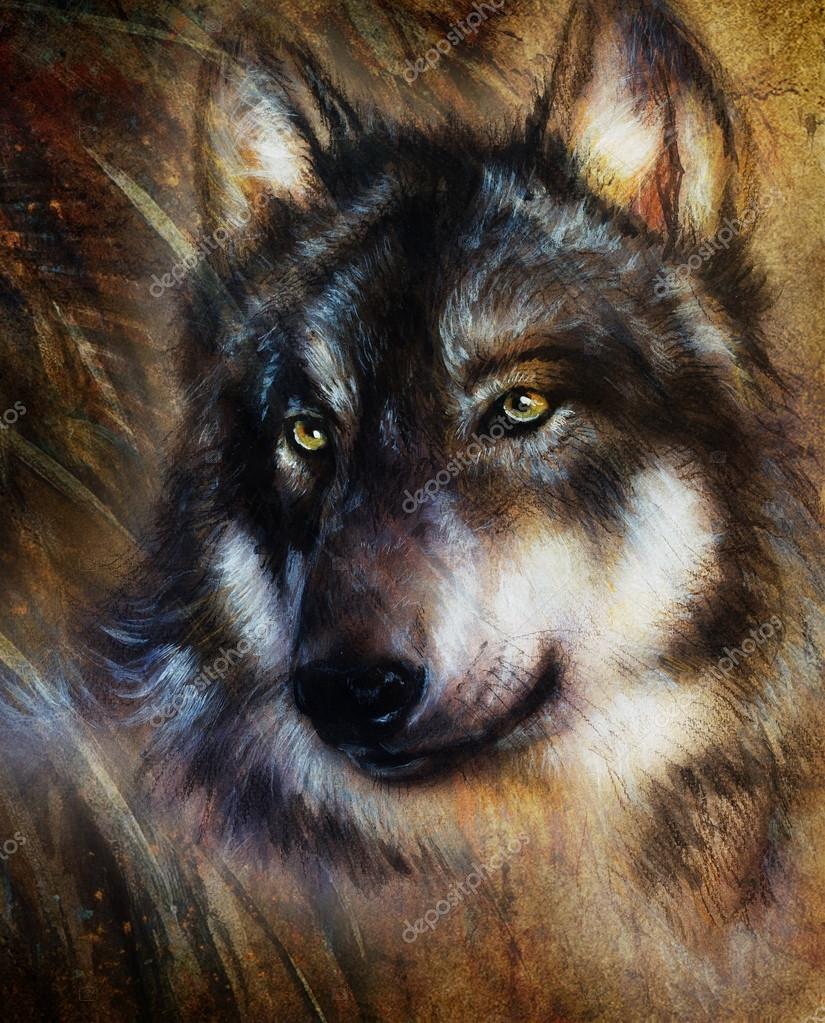 Wolf painting, color background on paper , multicolor illustration ...