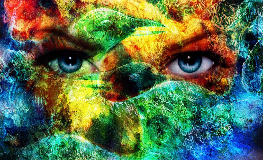 Beautiful blue women eyes beaming, color feathers effect, painting ...