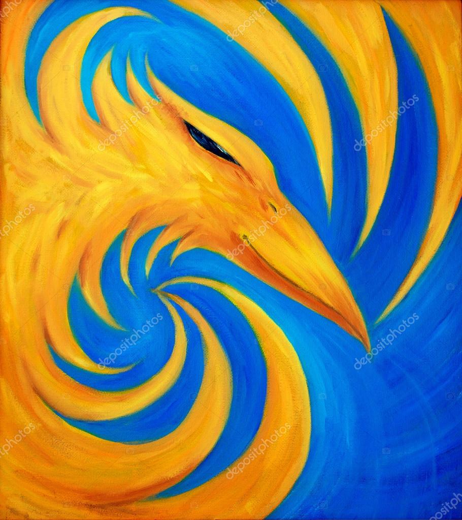 Fire phoenix on blue background, original oil painting, phoenix is ...