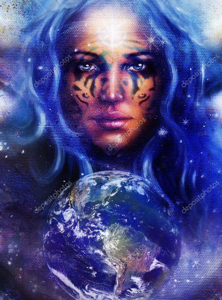 Goddess Woman with tattoo on face in space with light stars and Earth ...