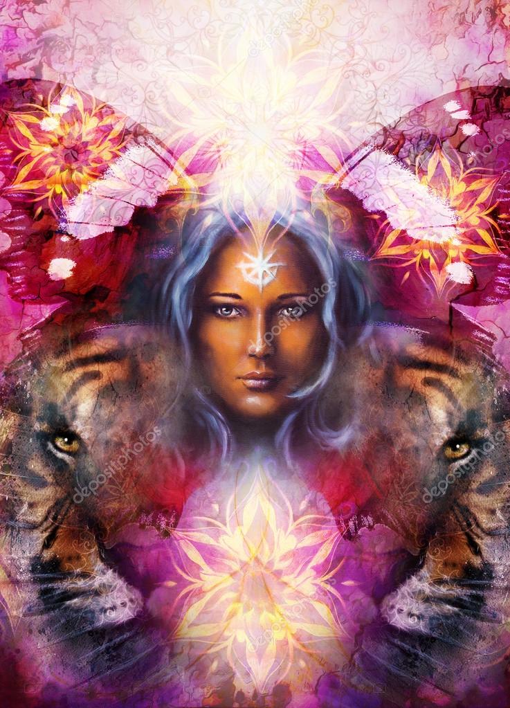 Painting mighty tiger head on ornamental background and mystic woman ...