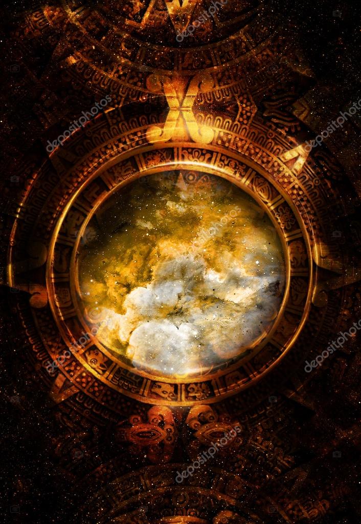 Ancient Mayan Calendar, Cosmic space and stars, abstract color ...