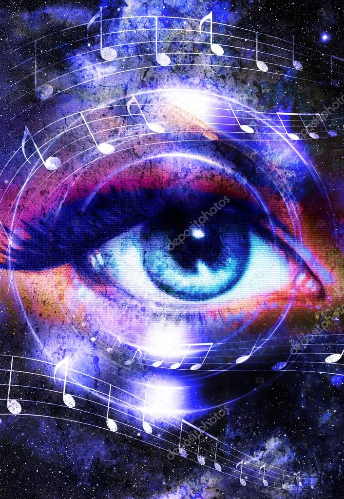 Woman Eye and music note and cosmic space with stars. Audio music ...