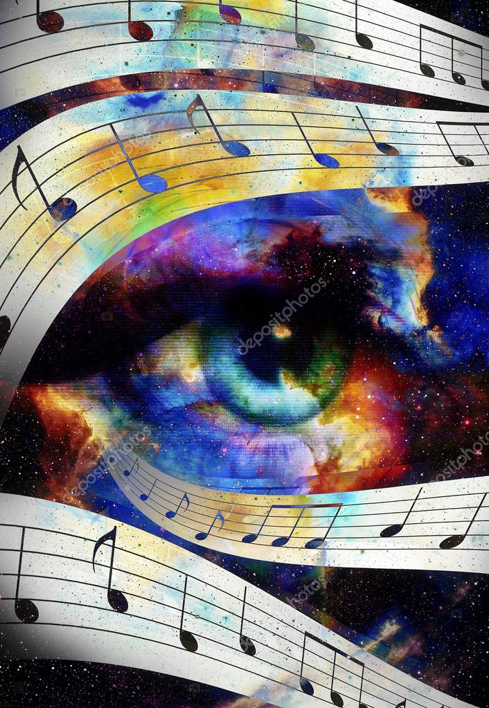 Woman Eye and music note and cosmic space with stars. abstract color ...