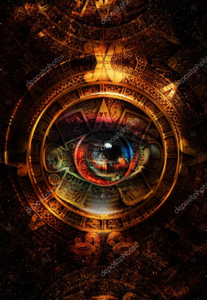 Ancient Mayan Calendar and woman eye, abstract color Background ...