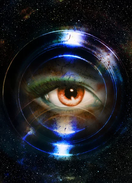 Planet Earth in light circle and woman eye, Cosmic Space background ...