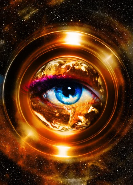 Planet Earth in light circle and woman eye, Cosmic Space background ...