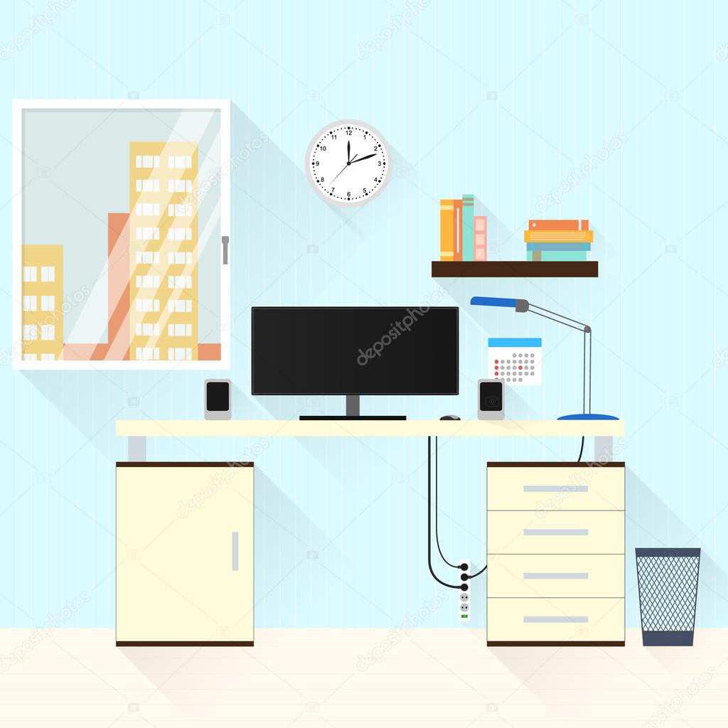 Desk with lamp, window and computer at home. Stock Vector Image by ...