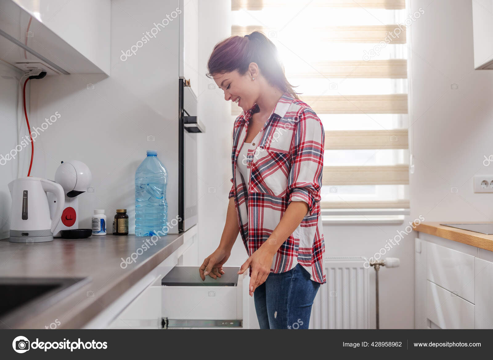 Smiling Young Woman Standing Kitchen Working House Stock Photo by ...