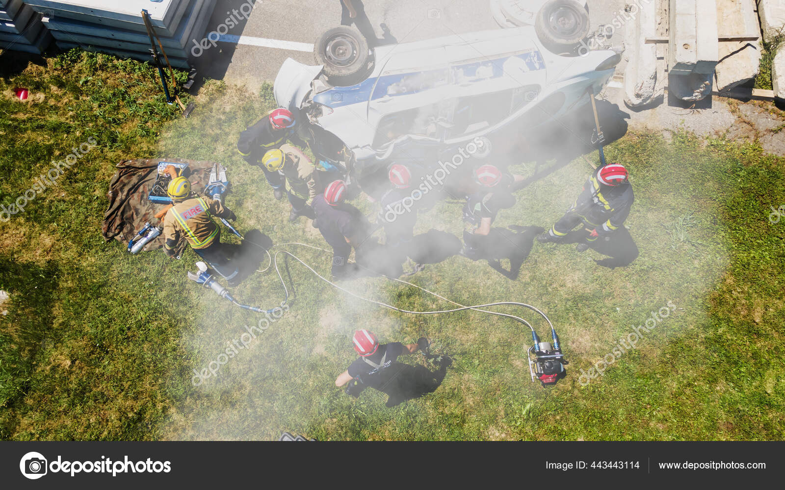 Top View Firefighters Trying Release Man Crashed Car — Stock Photo ...