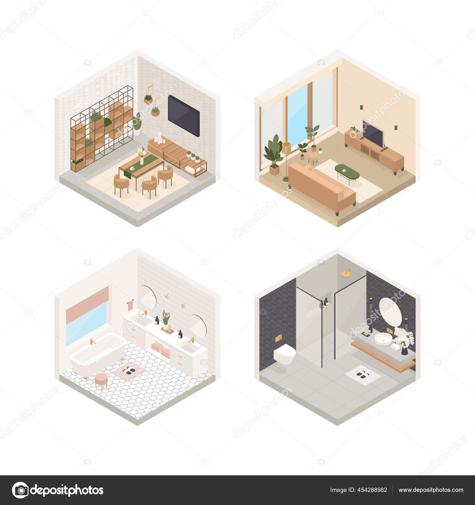 Set Vector Isometric Low Poly Cozy Rooms Various Furniture Stock Vector ...