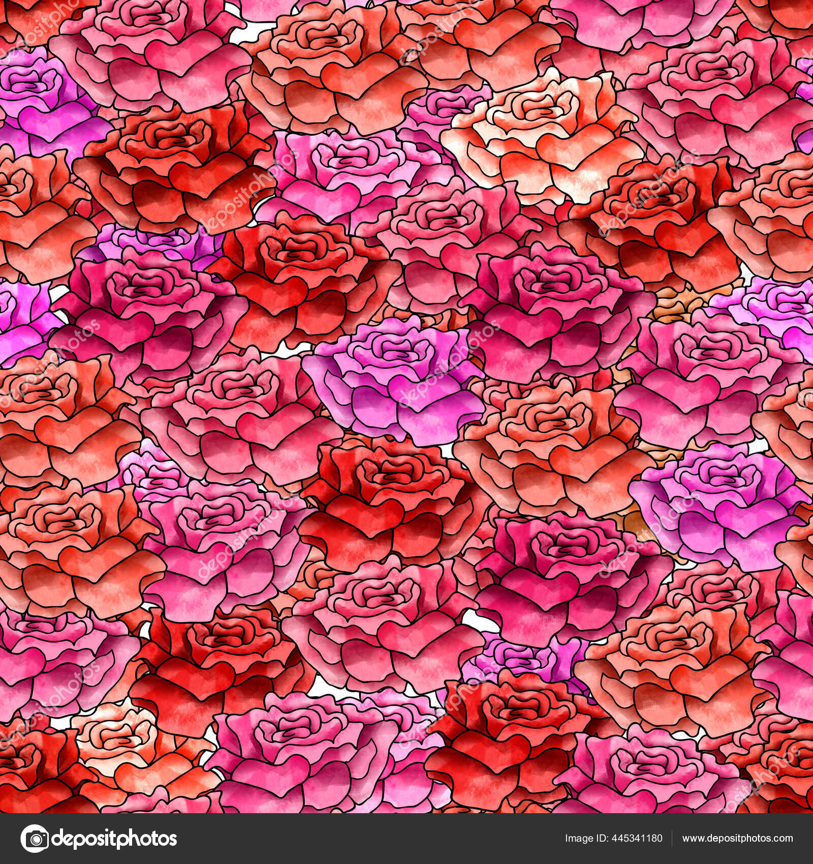 Stylized Pink Roses Close Fitting Lines Seamless Pattern Template ...