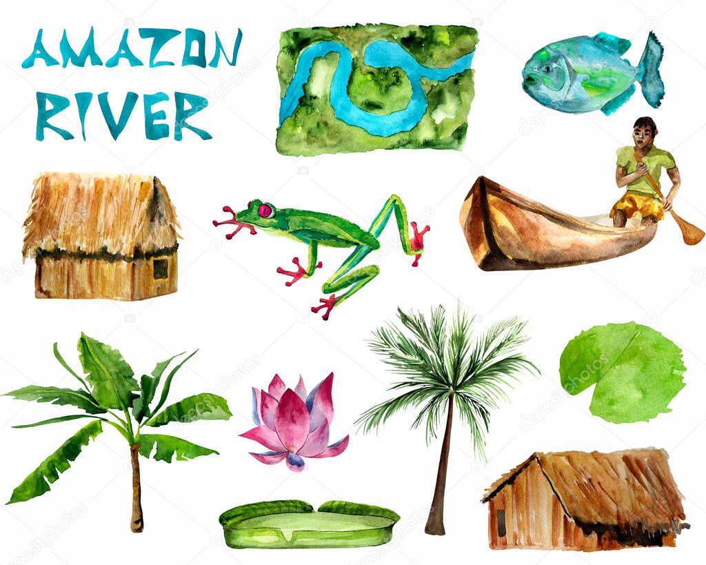Río Amazonas acuarela conjunto con mapa del río, niño en canoa, cabaña ...